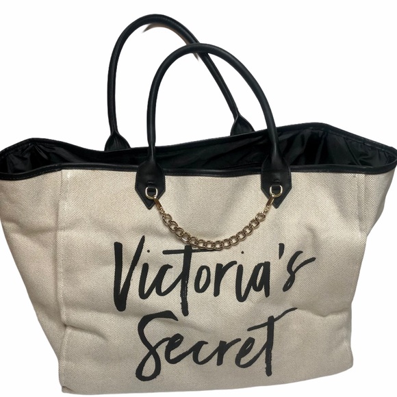 Victoria's Secret | Bags | Victorias Secret Canvas Cursive Logo Tote ...